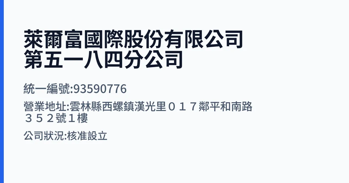 萊爾富國際股份有限公司第五一八四分公司 - 統編 93590776(雲林縣) 公司登記資料與營業項目詳細圖表