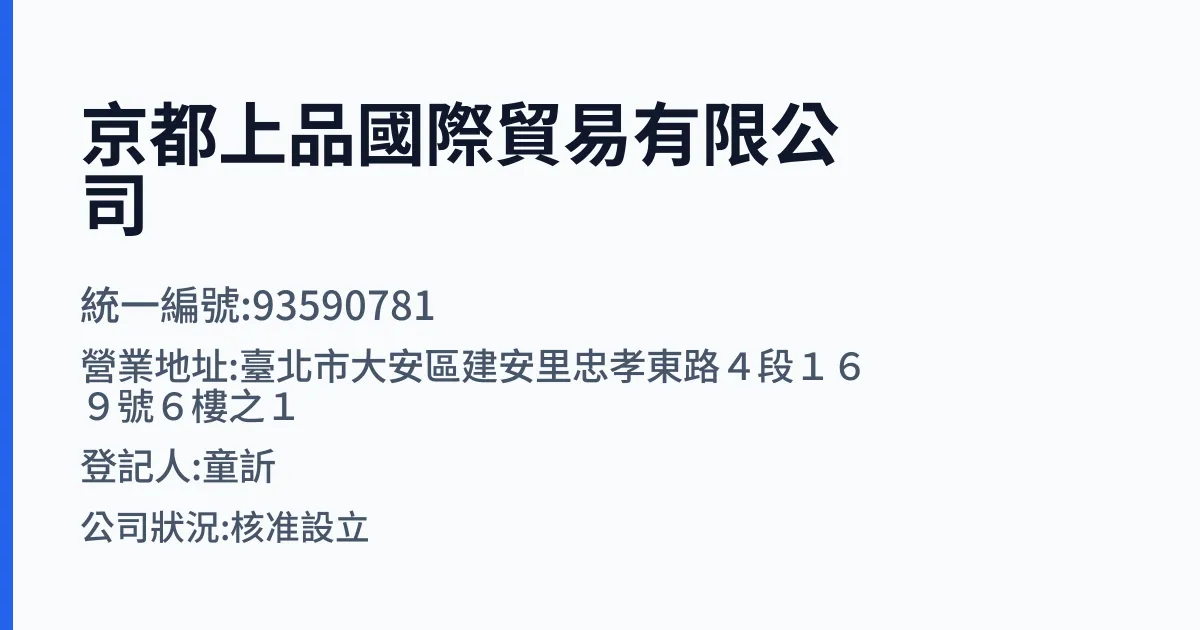 京都上品國際貿易有限公司 - 統編 93590781(臺北市) 公司登記資料與營業項目詳細圖表