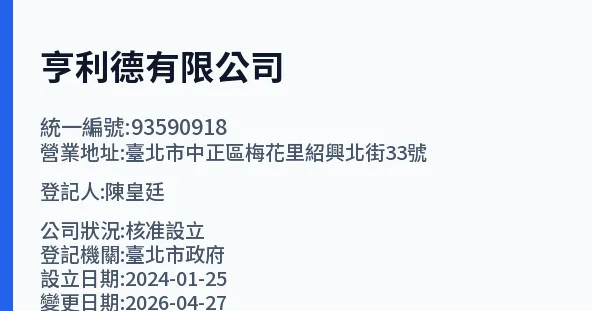 亨利德有限公司的照片-統編 93590918(臺北市) 公司登記資料與營業項目詳細圖表