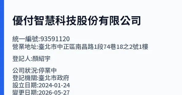 優付智慧科技股份有限公司的照片-統編 93591120(臺北市) 公司登記資料與營業項目詳細圖表