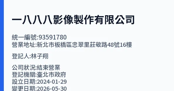 一八八八影像製作有限公司的照片-統編 93591780(新北市) 公司登記資料與營業項目詳細圖表
