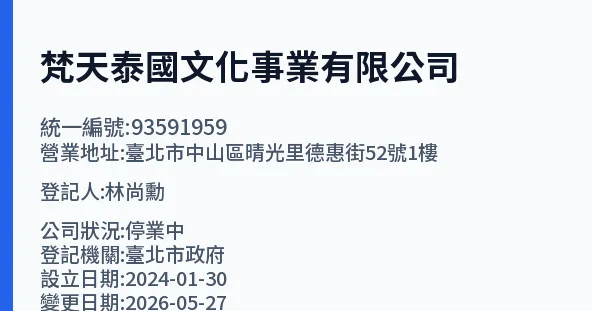 梵天泰國文化事業有限公司的照片-統編 93591959(臺北市) 公司登記資料與營業項目詳細圖表