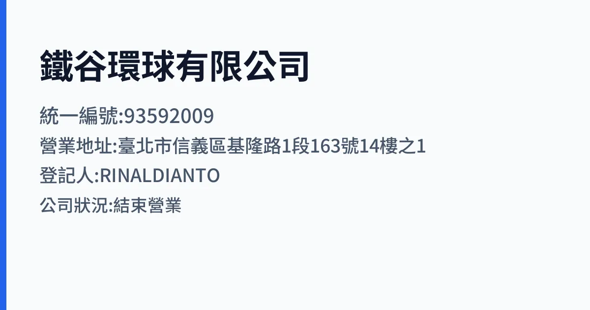 鐵谷環球有限公司 - 統編 93592009(臺北市) 公司登記資料與營業項目詳細圖表