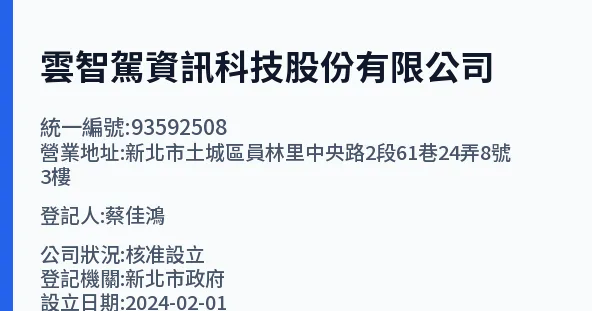 雲智駕資訊科技股份有限公司的照片-統編 93592508(新北市) 公司登記資料與營業項目詳細圖表
