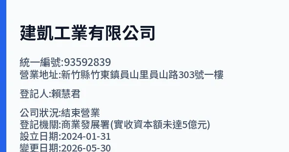 建凱工業有限公司的照片-統編 93592839(新竹縣) 公司登記資料與營業項目詳細圖表