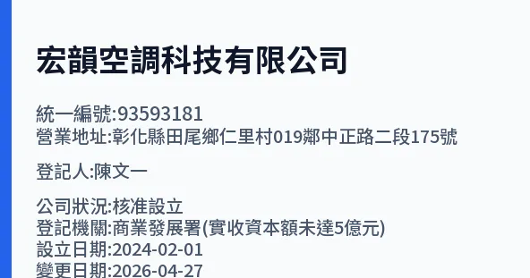 宏韻空調科技有限公司的照片-統編 93593181(彰化縣) 公司登記資料與營業項目詳細圖表