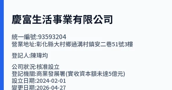 慶富生活事業有限公司的照片-統編 93593204(彰化縣) 公司登記資料與營業項目詳細圖表