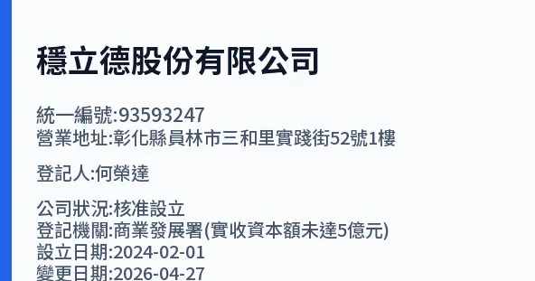 穩立德股份有限公司的照片-統編 93593247(彰化縣) 公司登記資料與營業項目詳細圖表