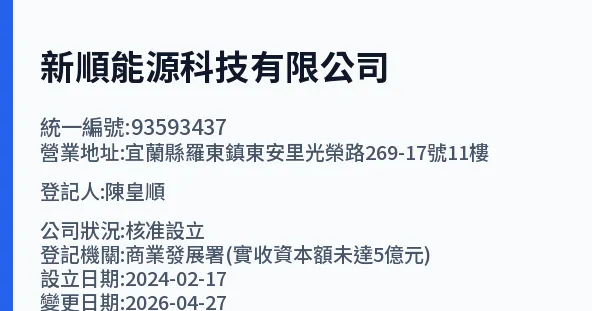 新順能源科技有限公司的照片-統編 93593437(宜蘭縣) 公司登記資料與營業項目詳細圖表