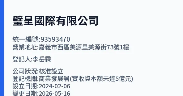 璧呈國際有限公司的照片-統編 93593470(嘉義市) 公司登記資料與營業項目詳細圖表