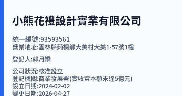 小熊花禮設計實業有限公司的照片-統編 93593561(雲林縣) 公司登記資料與營業項目詳細圖表