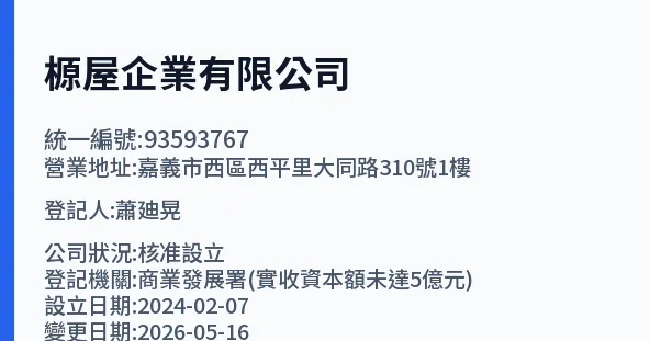 榞屋企業有限公司的照片-統編 93593767(嘉義市) 公司登記資料與營業項目詳細圖表