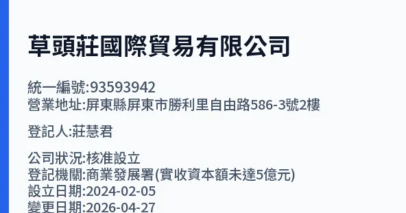 草頭莊國際貿易有限公司的照片-統編 93593942(屏東縣) 公司登記資料與營業項目詳細圖表