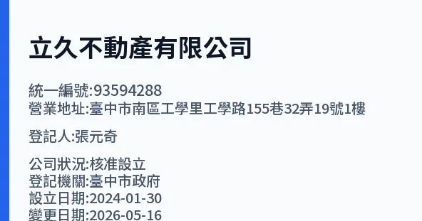 立久不動產有限公司的照片-統編 93594288(臺中市) 公司登記資料與營業項目詳細圖表