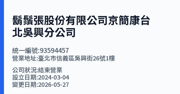 鬍鬚張股份有限公司京簡康台北吳興分公司的照片-統編 93594457(臺北市) 公司登記資料與營業項目詳細圖表