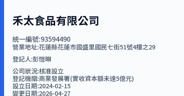 禾太食品有限公司的照片-統編 93594490(花蓮縣) 公司登記資料與營業項目詳細圖表