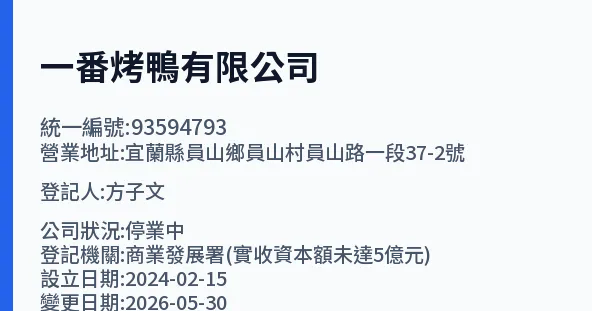 一番烤鴨有限公司的照片-統編 93594793(宜蘭縣) 公司登記資料與營業項目詳細圖表