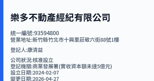 樂多不動產經紀有限公司的照片-統編 93594800(新竹縣) 公司登記資料與營業項目詳細圖表