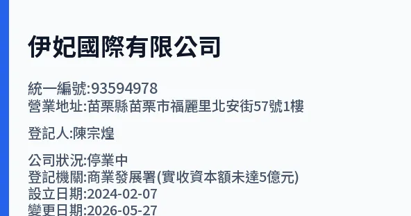 伊妃國際有限公司的照片-統編 93594978(苗栗縣) 公司登記資料與營業項目詳細圖表