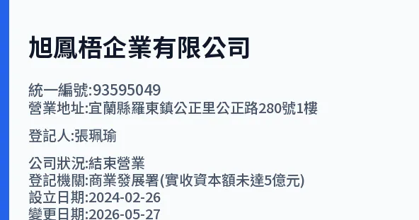 旭鳳梧企業有限公司的照片-統編 93595049(宜蘭縣) 公司登記資料與營業項目詳細圖表