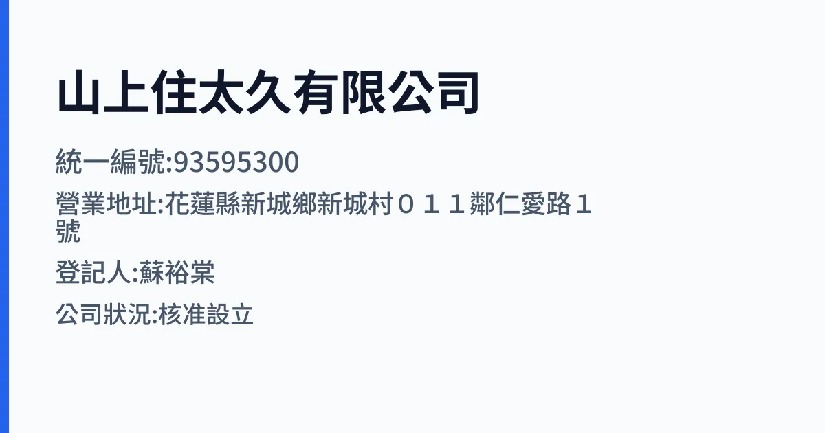 山上住太久有限公司 - 統編 93595300(花蓮縣) 公司登記資料與營業項目詳細圖表