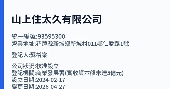 山上住太久有限公司的照片-統編 93595300(花蓮縣) 公司登記資料與營業項目詳細圖表