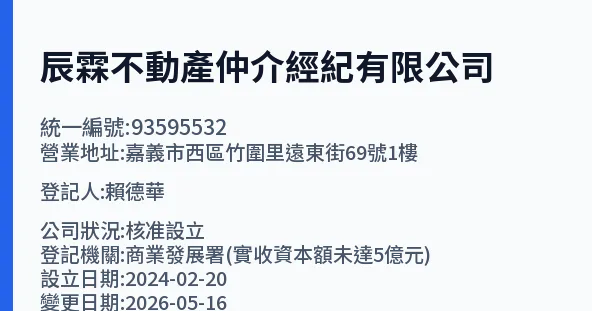 辰霖不動產仲介經紀有限公司的照片-統編 93595532(嘉義市) 公司登記資料與營業項目詳細圖表