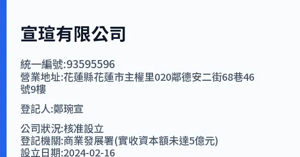 宣瑄有限公司的照片-統編 93595596(花蓮縣) 公司登記資料與營業項目詳細圖表