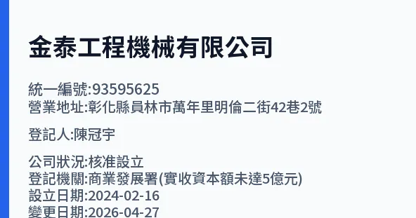 金泰工程機械有限公司的照片-統編 93595625(彰化縣) 公司登記資料與營業項目詳細圖表