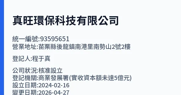 真旺環保科技有限公司的照片-統編 93595651(苗栗縣) 公司登記資料與營業項目詳細圖表