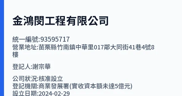 金鴻閔工程有限公司的照片-統編 93595717(苗栗縣) 公司登記資料與營業項目詳細圖表