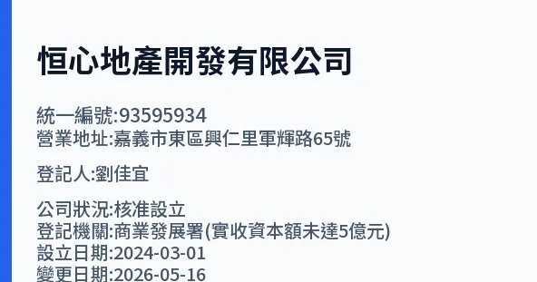 恒心地產開發有限公司的照片-統編 93595934(嘉義市) 公司登記資料與營業項目詳細圖表