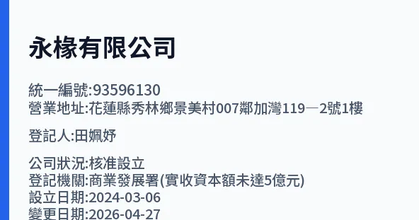 永椽有限公司的照片-統編 93596130(花蓮縣) 公司登記資料與營業項目詳細圖表