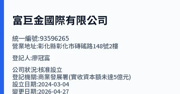 富巨金國際有限公司的照片-統編 93596265(彰化縣) 公司登記資料與營業項目詳細圖表