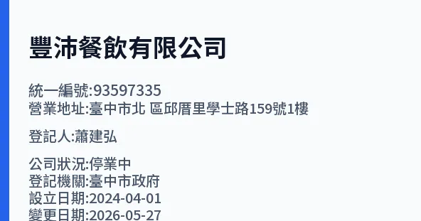 豐沛餐飲有限公司的照片-統編 93597335(臺中市) 公司登記資料與營業項目詳細圖表