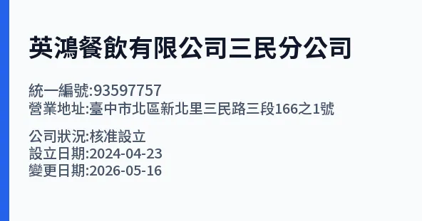 英鴻餐飲有限公司三民分公司的照片-統編 93597757(臺中市) 公司登記資料與營業項目詳細圖表