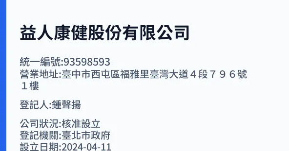 益人康健股份有限公司的照片-統編 93598593(臺北市) 公司登記資料與營業項目詳細圖表