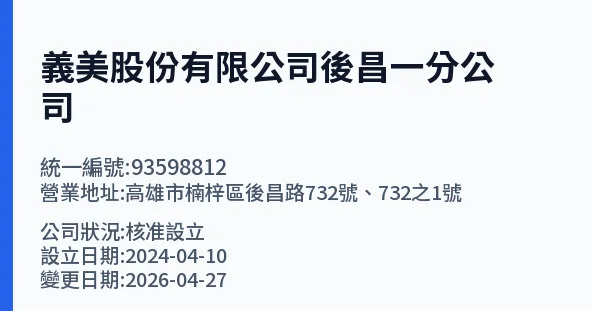 義美股份有限公司後昌一分公司的照片-統編 93598812(高雄市) 公司登記資料與營業項目詳細圖表
