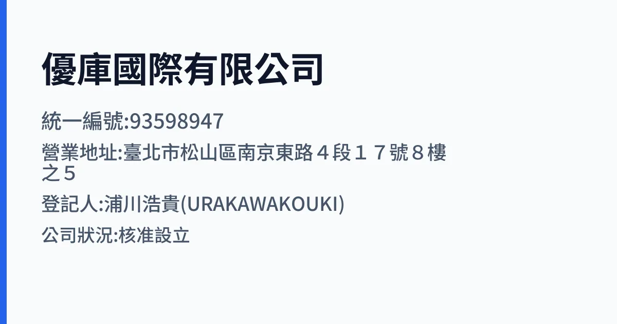 優庫國際有限公司 - 統編 93598947(臺北市) 公司登記資料與營業項目詳細圖表