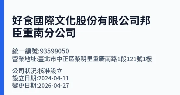 好食國際文化股份有限公司邦臣重南分公司的照片-統編 93599050(臺北市) 公司登記資料與營業項目詳細圖表