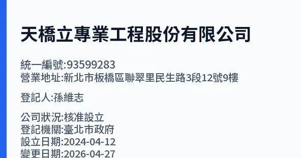 天橋立專業工程股份有限公司的照片-統編 93599283(新北市) 公司登記資料與營業項目詳細圖表