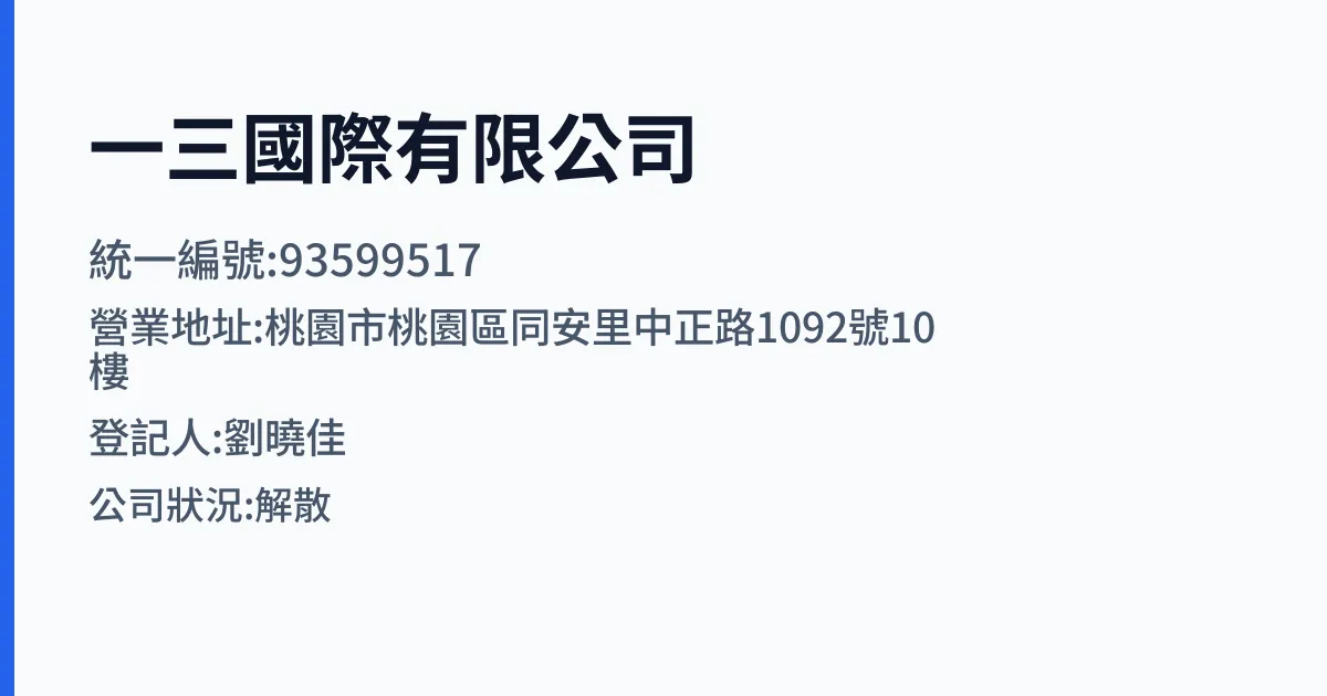 一三國際有限公司 - 統編 93599517(桃園市) 公司登記資料與營業項目詳細圖表