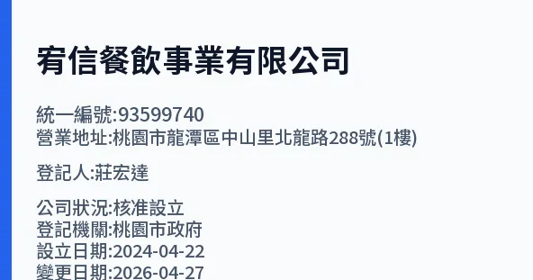宥信餐飲事業有限公司的照片-統編 93599740(桃園市) 公司登記資料與營業項目詳細圖表