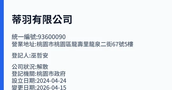 蒂羽有限公司的照片-統編 93600090(桃園市) 公司登記資料與營業項目詳細圖表