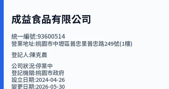 成益食品有限公司的照片-統編 93600514(桃園市) 公司登記資料與營業項目詳細圖表