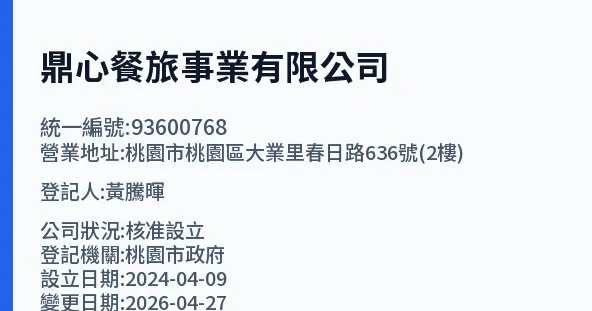 鼎心餐旅事業有限公司的照片-統編 93600768(桃園市) 公司登記資料與營業項目詳細圖表