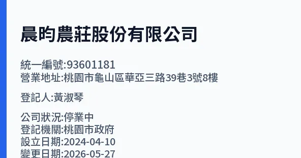 晨昀農莊股份有限公司的照片-統編 93601181(桃園市) 公司登記資料與營業項目詳細圖表