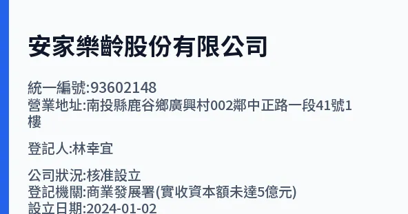 安家樂齡股份有限公司的照片-統編 93602148(南投縣) 公司登記資料與營業項目詳細圖表
