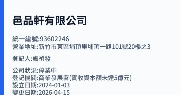 邑品軒有限公司的照片-統編 93602246(新竹市) 公司登記資料與營業項目詳細圖表