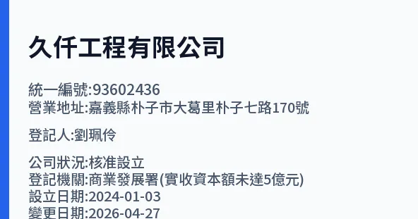 久仟工程有限公司的照片-統編 93602436(嘉義縣) 公司登記資料與營業項目詳細圖表